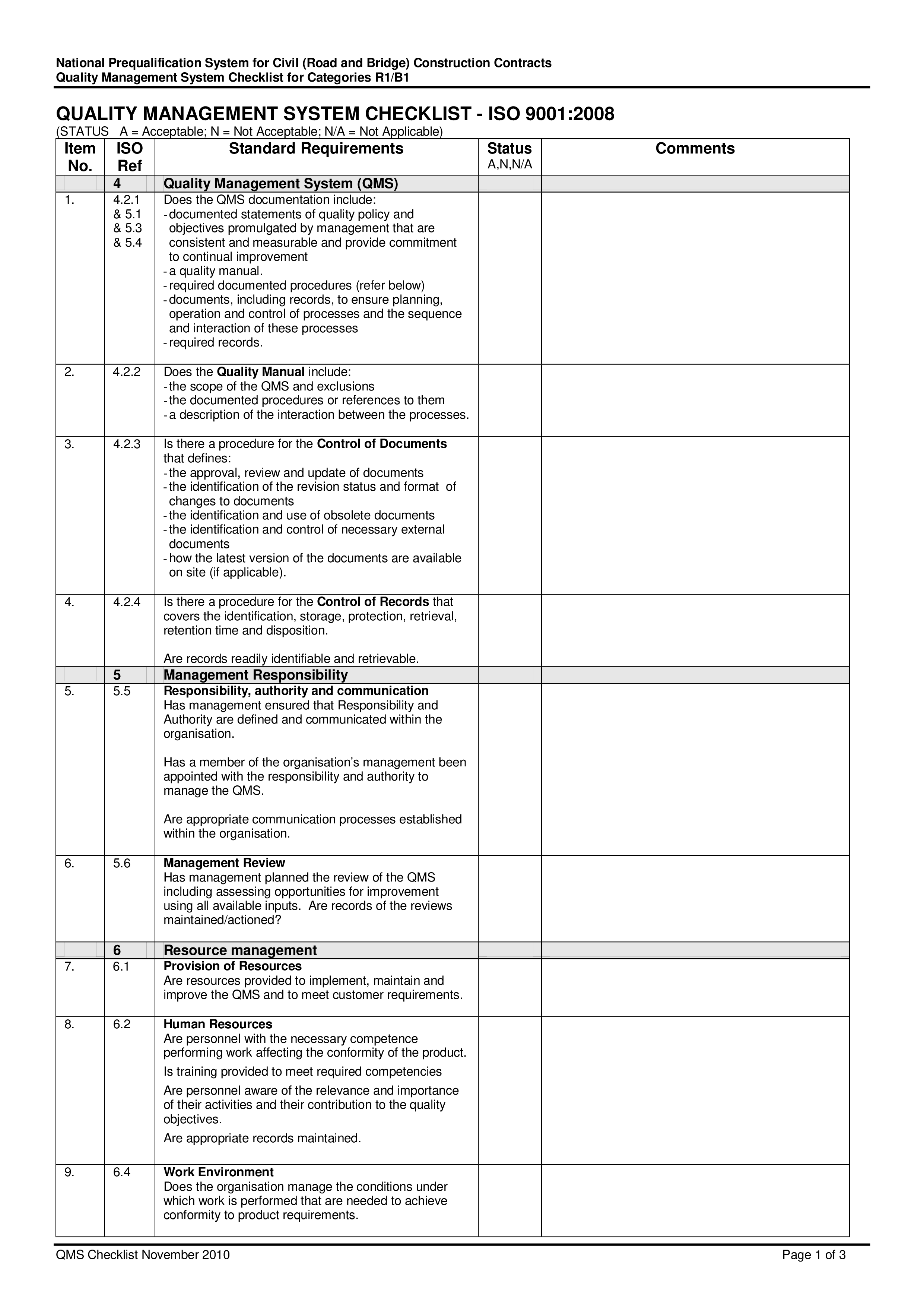 Quality Management System Checklist Sample Templates At
