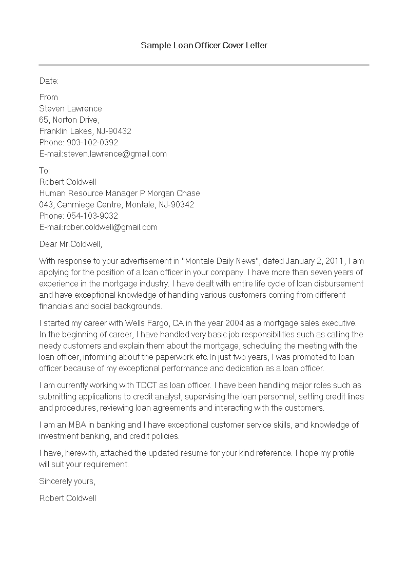 Loan Officer Application Letter | Templates at allbusinesstemplates.com