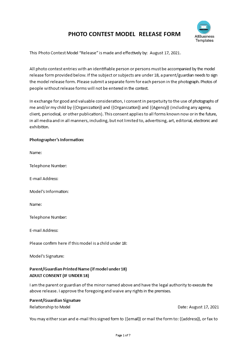 Photo Model Release Form | Templates at allbusinesstemplates.com