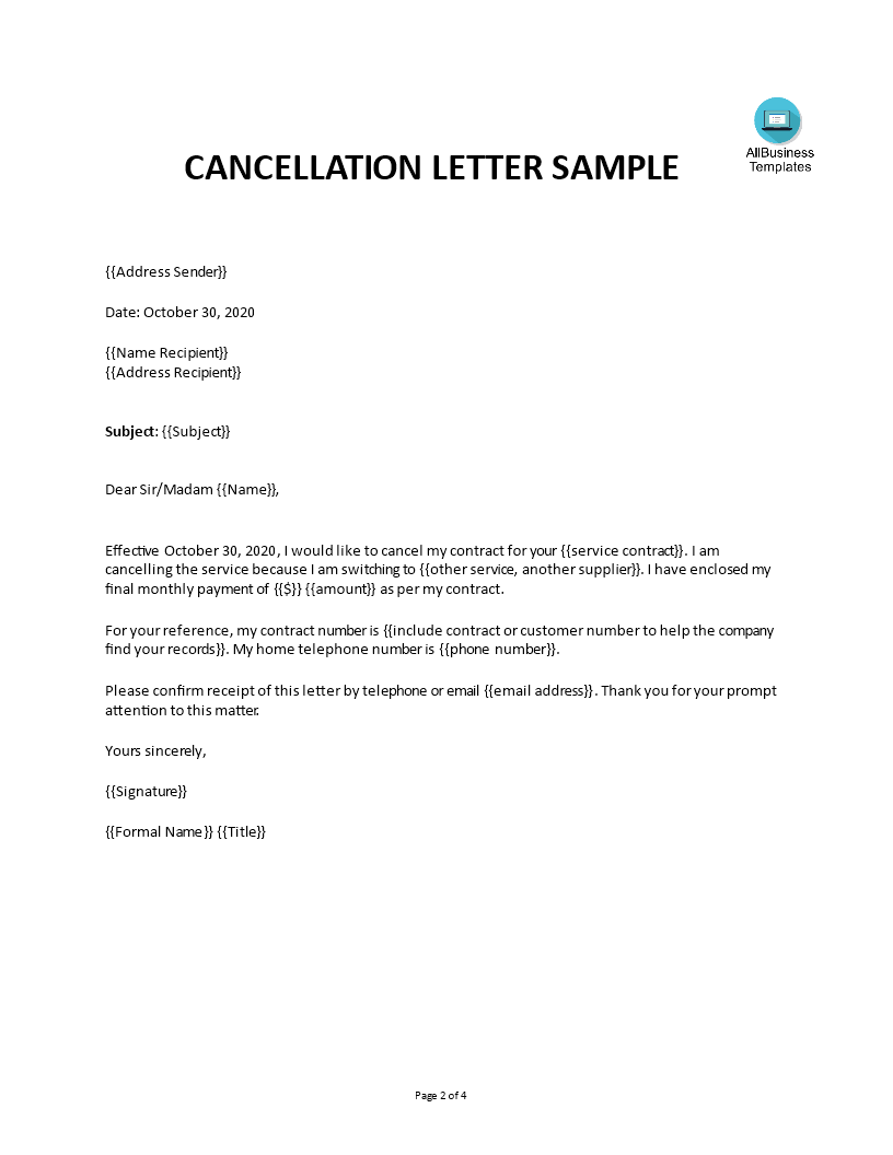 Service contract termination letter sample doc | Templates at ...