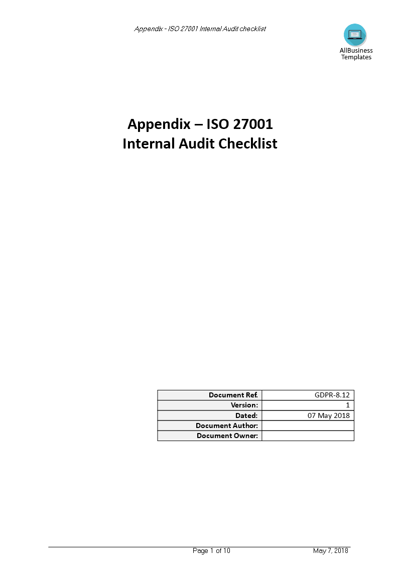 GDPR Appendix ISO27001 Internal Audit Checklist | Templates at ...