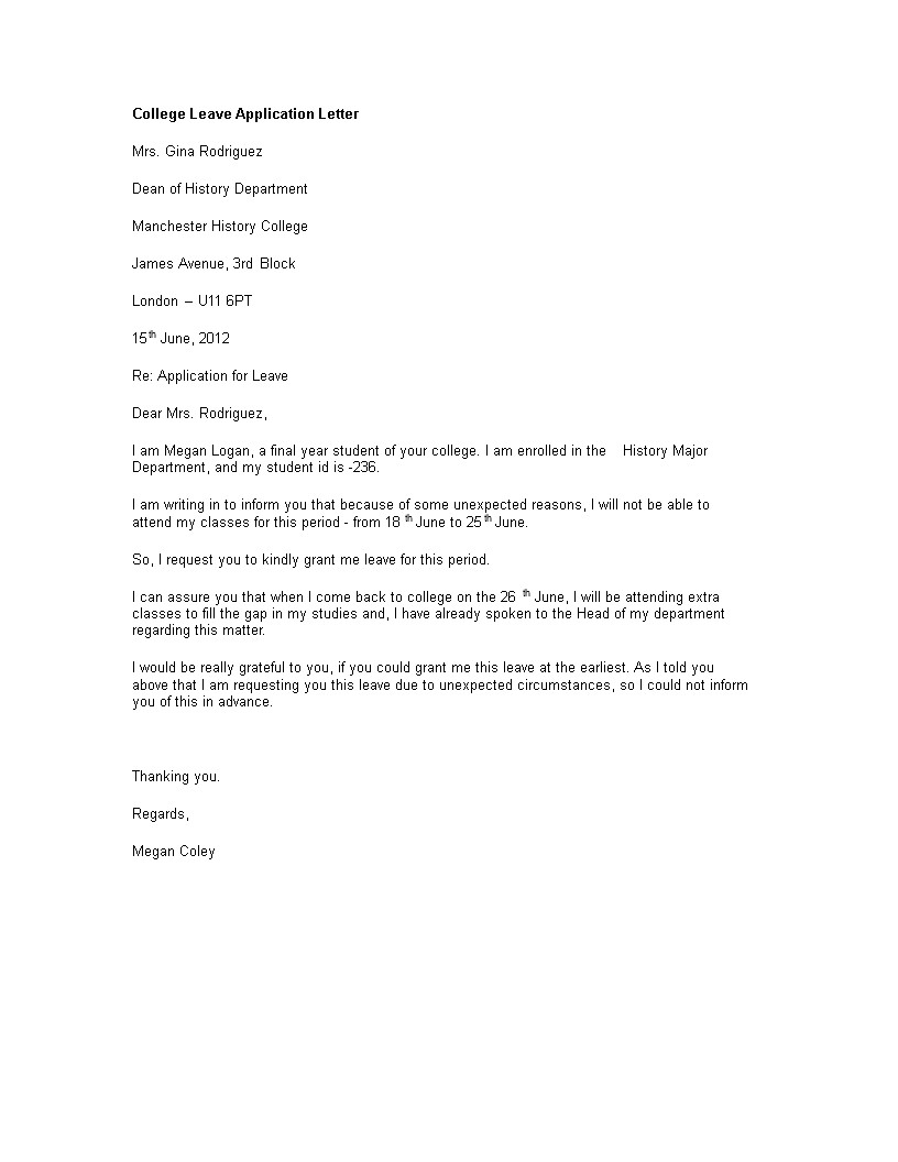 College Leave Application Letter Example Templates At