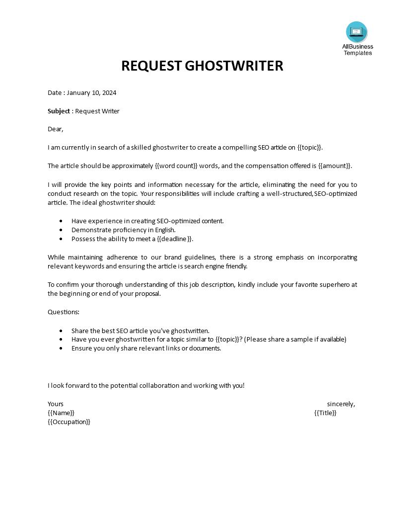 Copy Writer Request Template | Templates at allbusinesstemplates.com