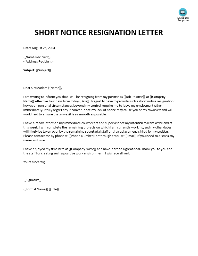Short Notice Resignation Letter | Templates at allbusinesstemplates.com