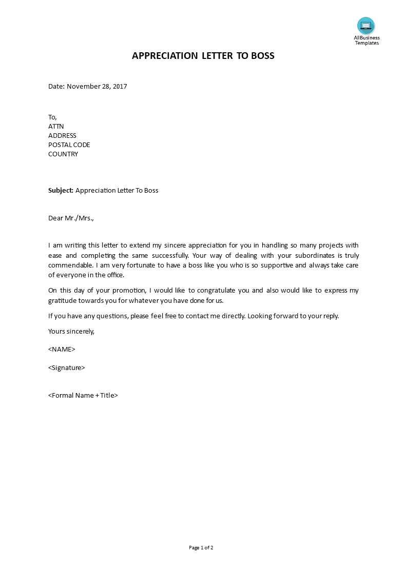 Appreciation Letter To Boss Templates At Allbusinesstemplates