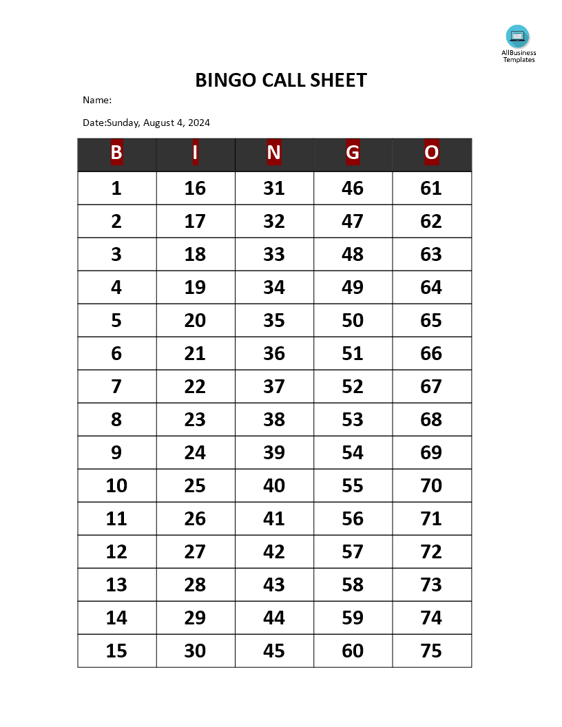 Bingo Call Sheet | Templates at allbusinesstemplates.com
