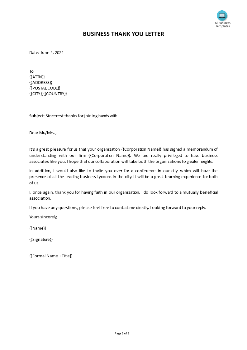 Business Thank You Letter | Templates at allbusinesstemplates.com