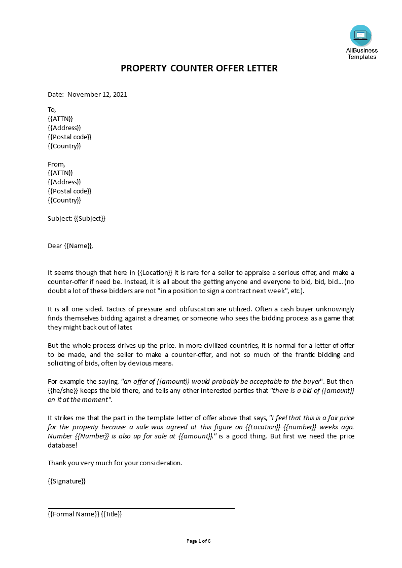 Counter Offer Letter for Property | Templates at allbusinesstemplates.com