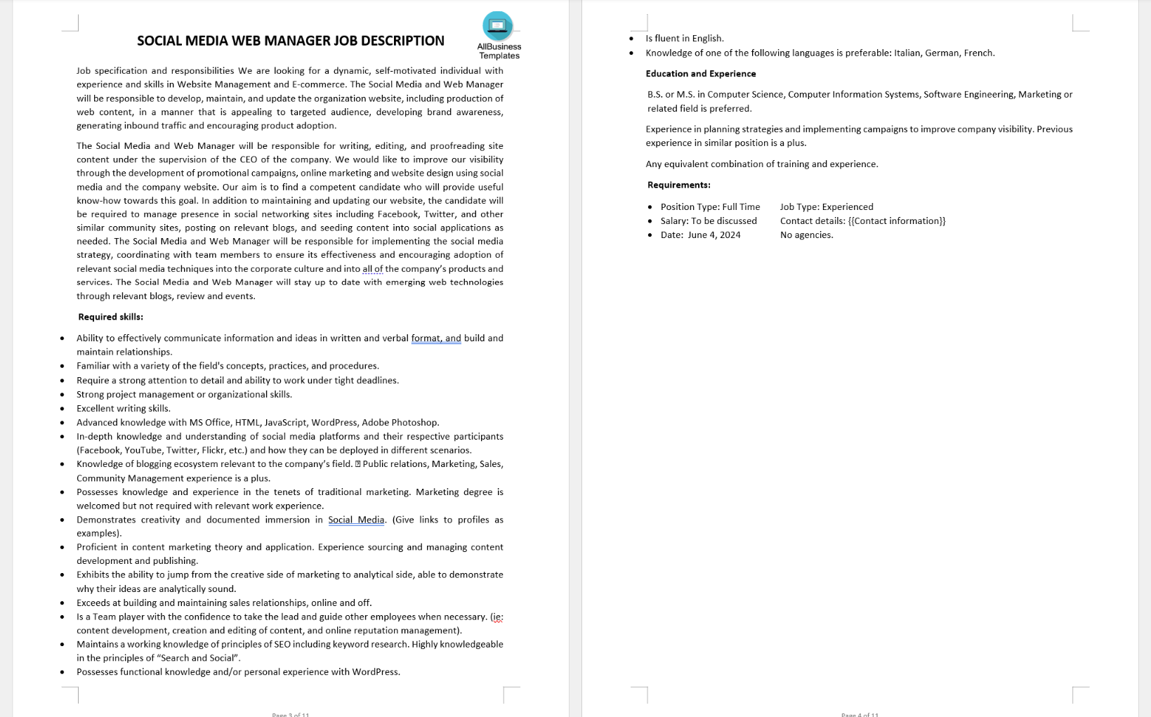 Social Media And Web Manager Job Description | Templates at ...