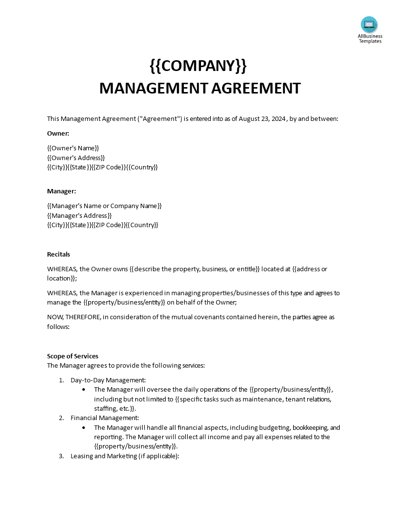 Management Agreement Template Word | Templates at allbusinesstemplates.com