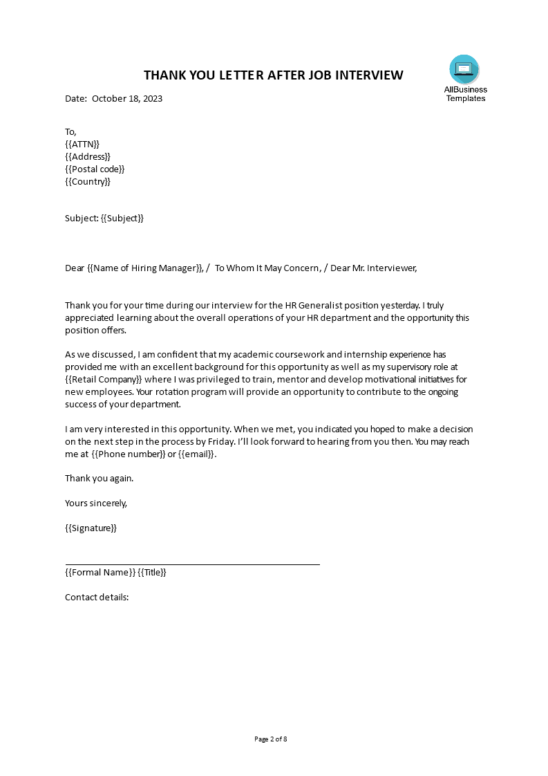 Interview Thank You Letter | Templates at allbusinesstemplates.com