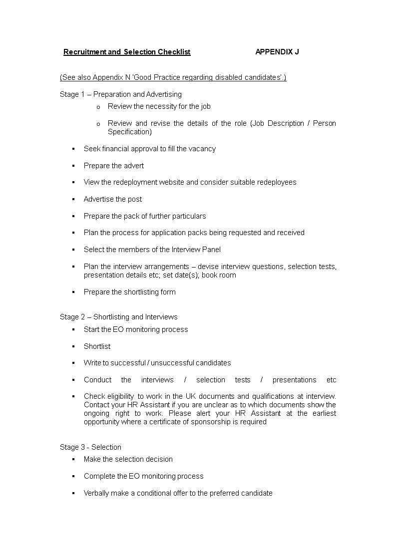 Sample Recruitment And Selection Checklist Templates At 