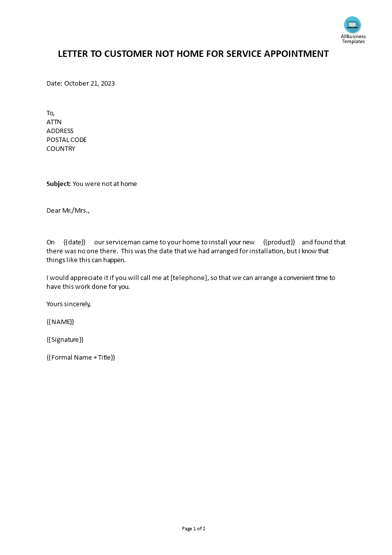 Letter To Customer Not Home Service Appointment | Templates at ...