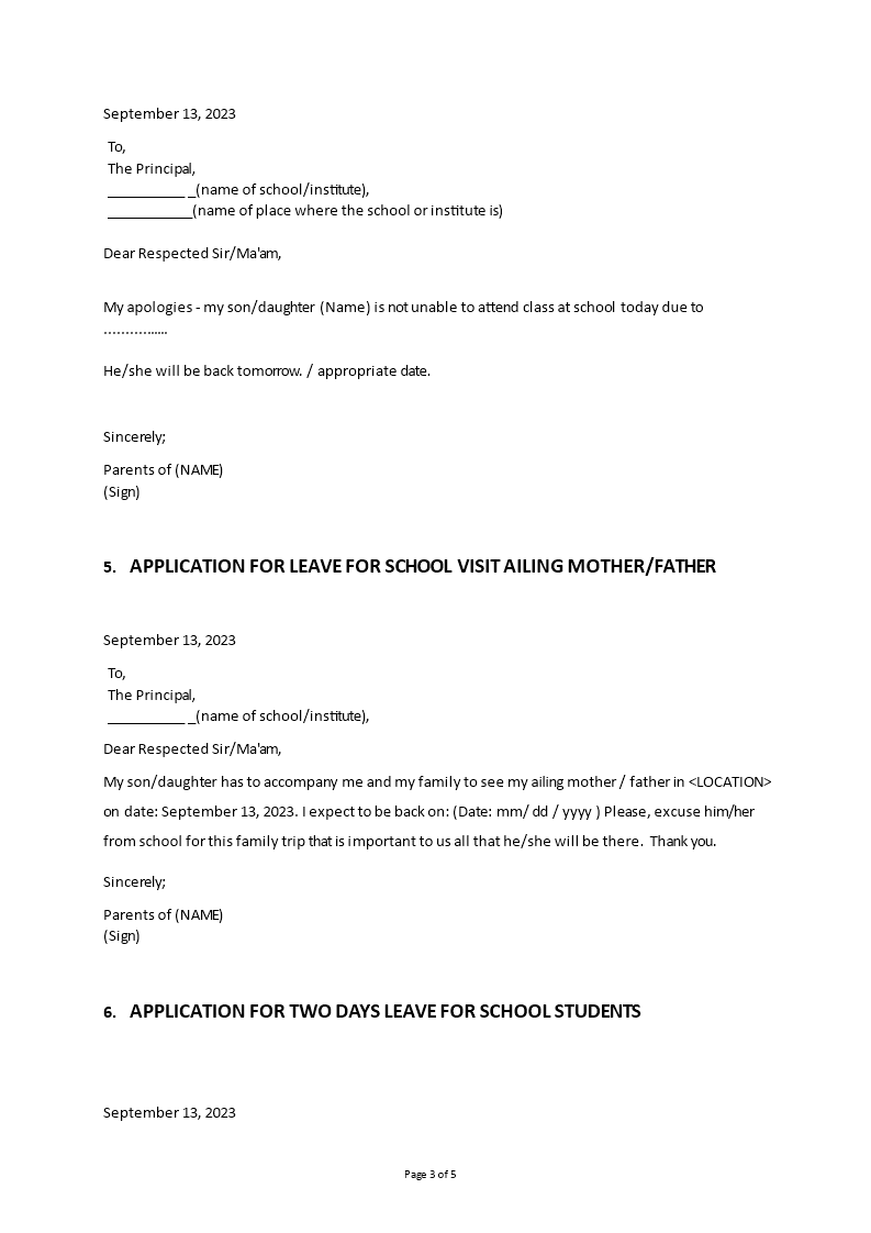 Leave Application Form School Messages Template | Templates at ...