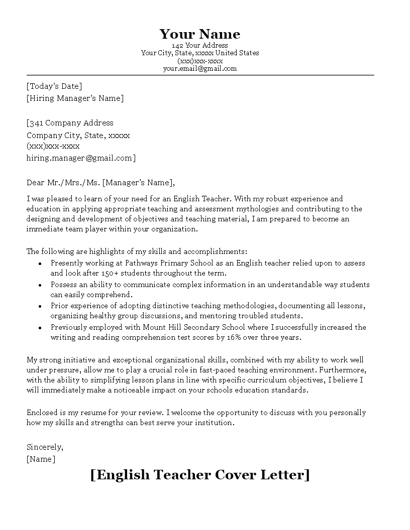  Teacher Resume Cover Letter Allbusinesstemplates