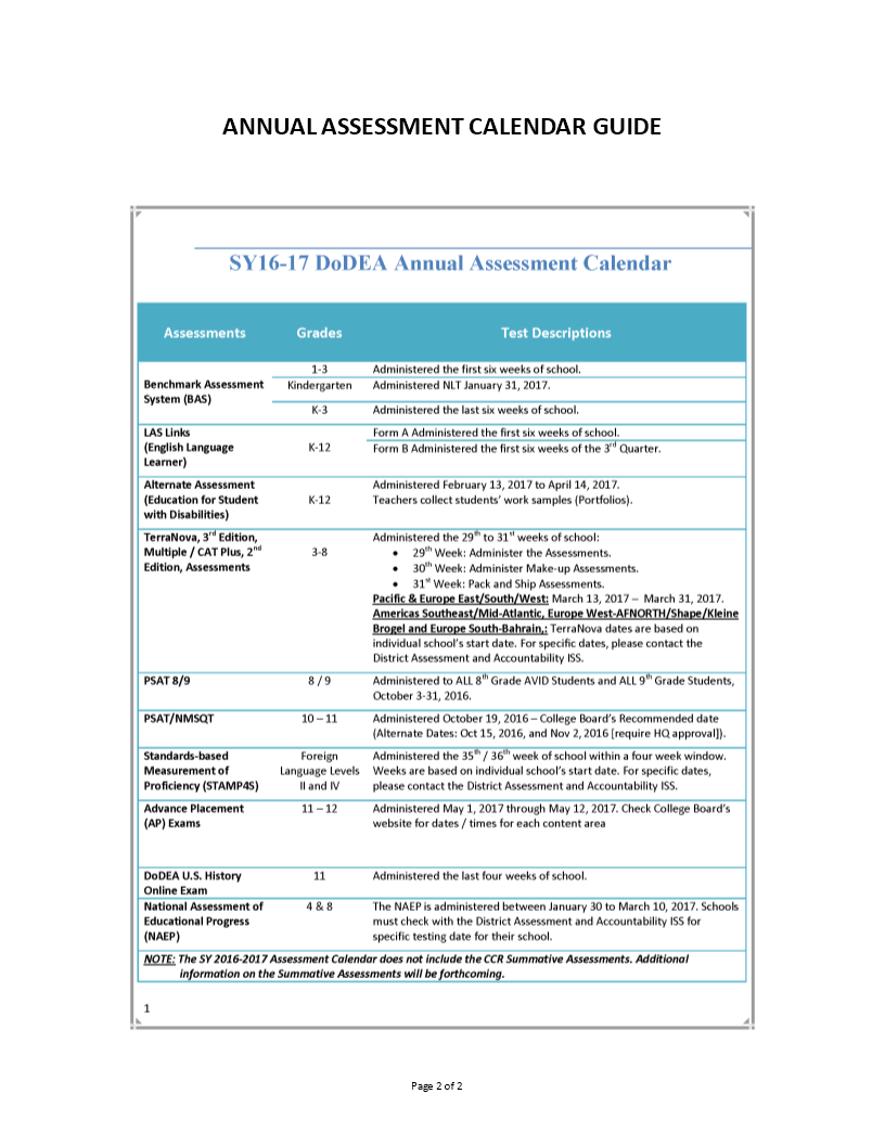 Annual Assessment Calendar | Templates at allbusinesstemplates.com