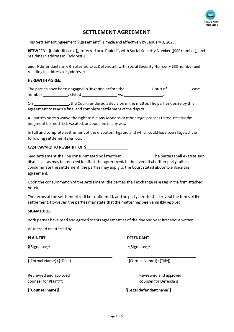Legal Settlement Agreement | Templates at allbusinesstemplates.com