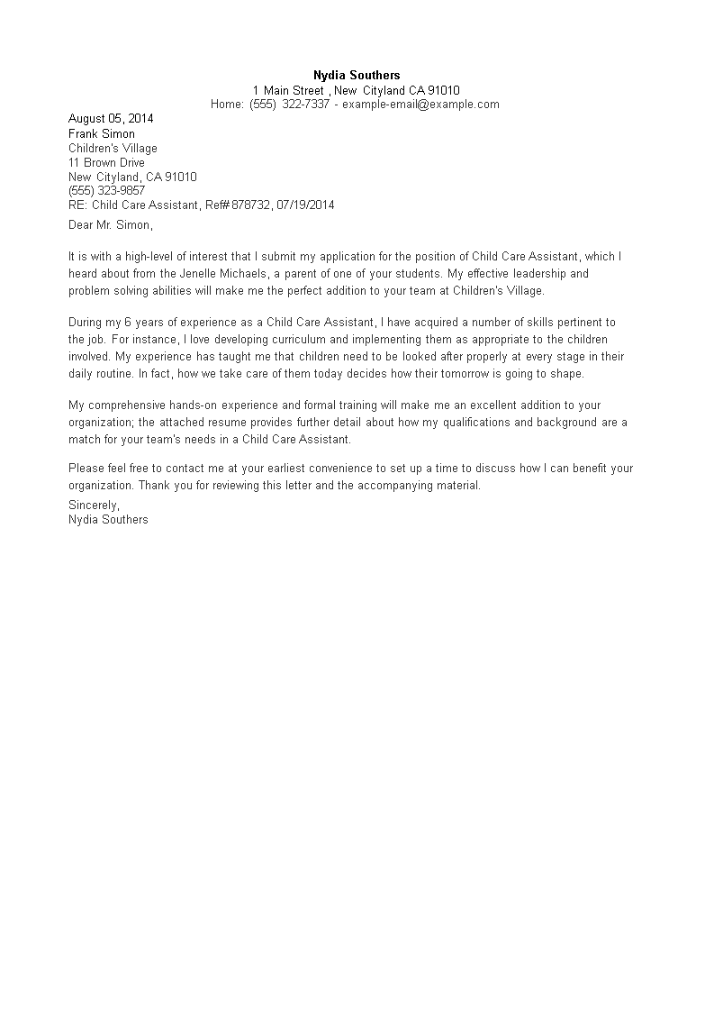 Child Care Resume Cover Letter Templates At Allbusinesstemplates