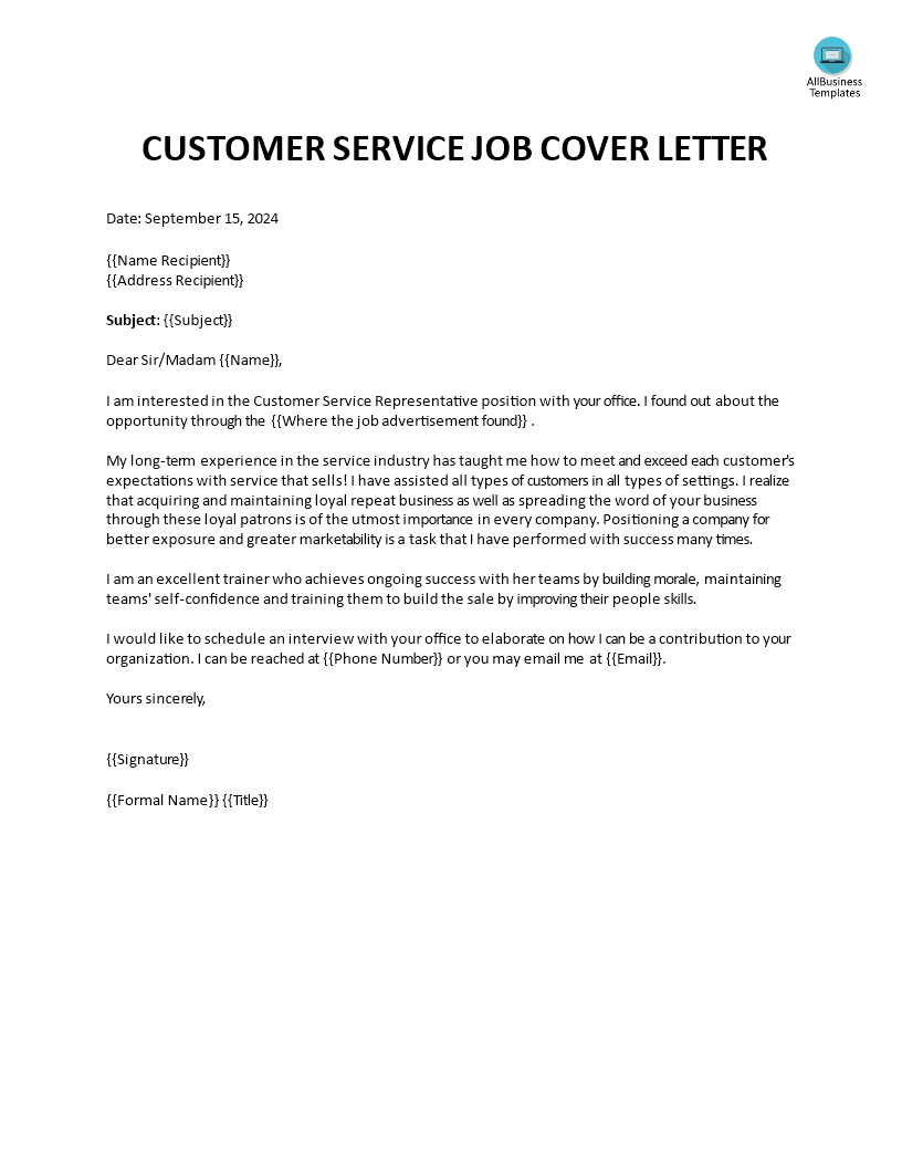 Customer Service Job Cover Letter | Templates at allbusinesstemplates.com