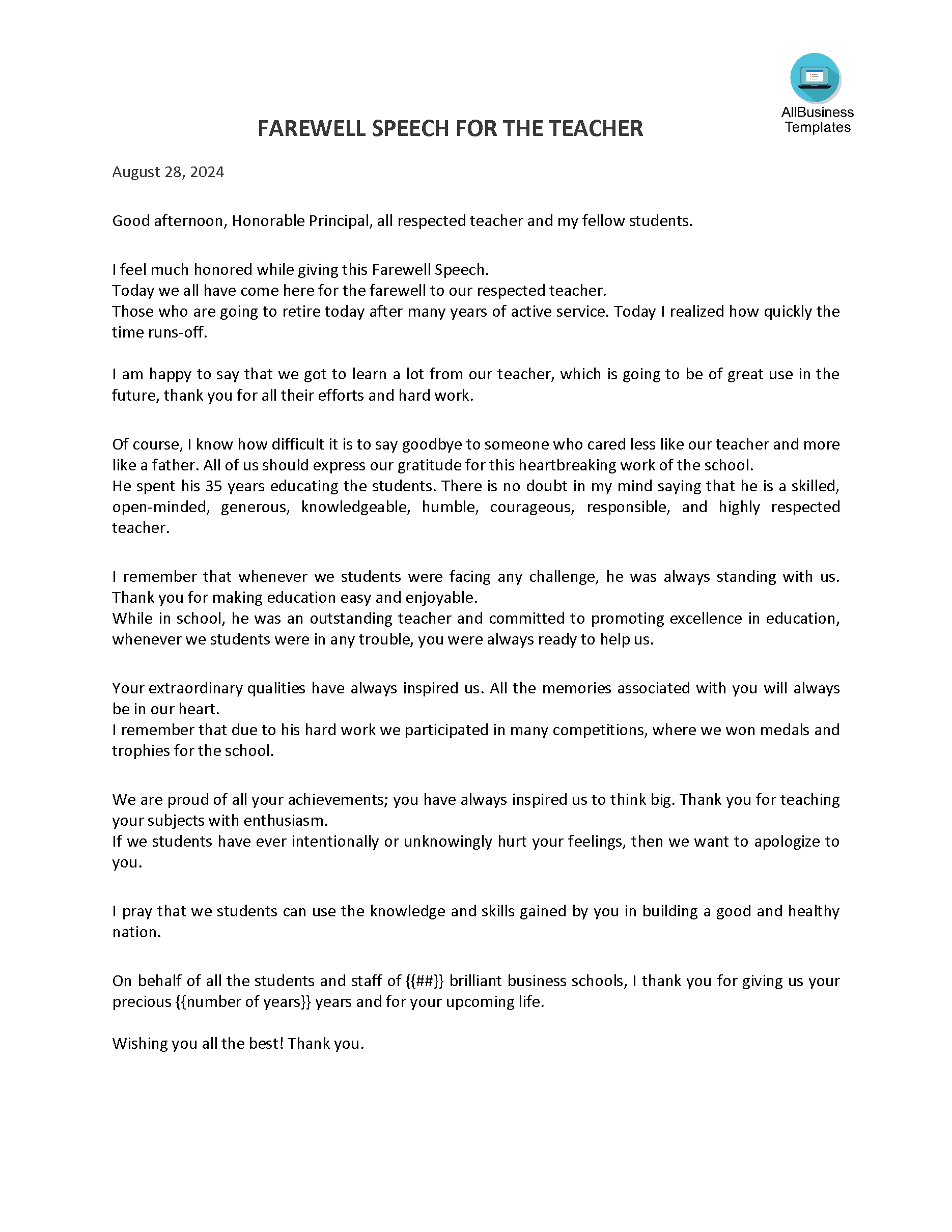Farewell Speech by Teacher | Templates at allbusinesstemplates.com