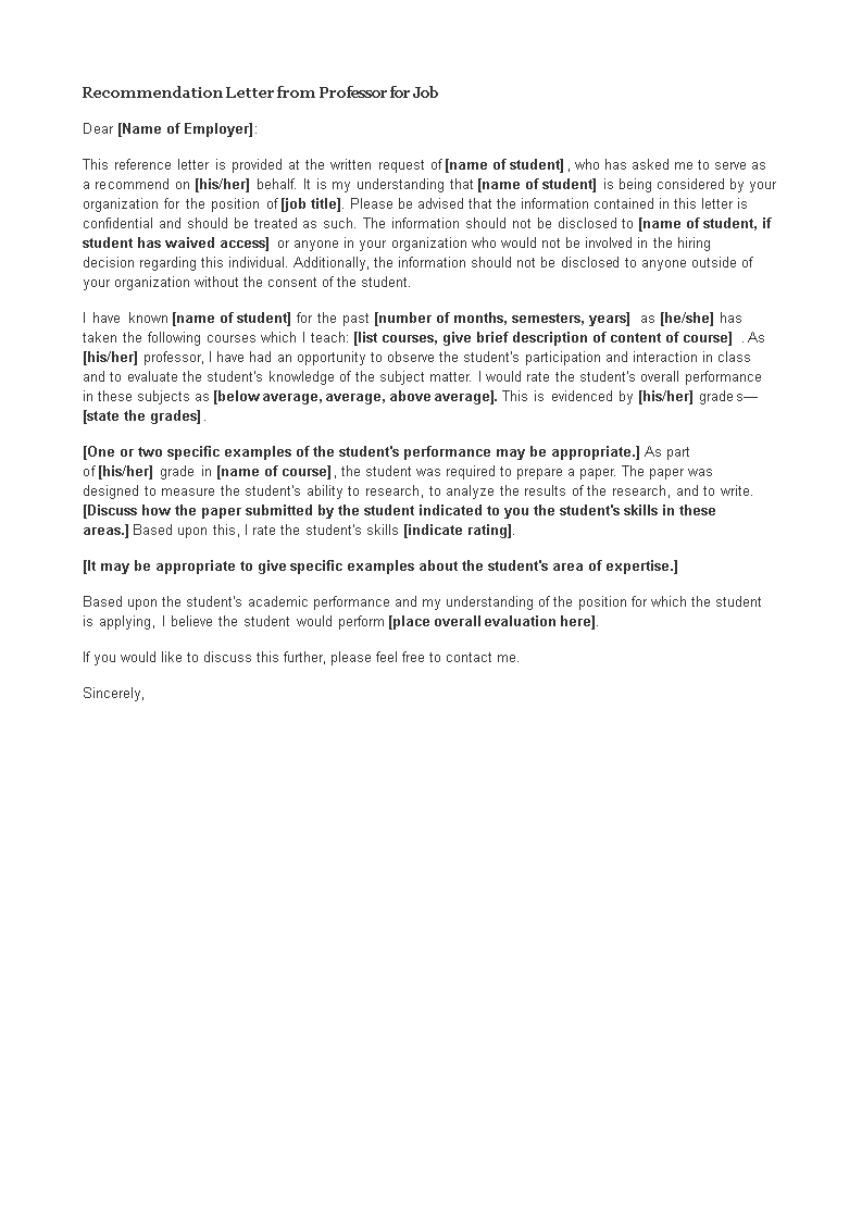 Recommendation Letter from Professor for Job | Templates at ...