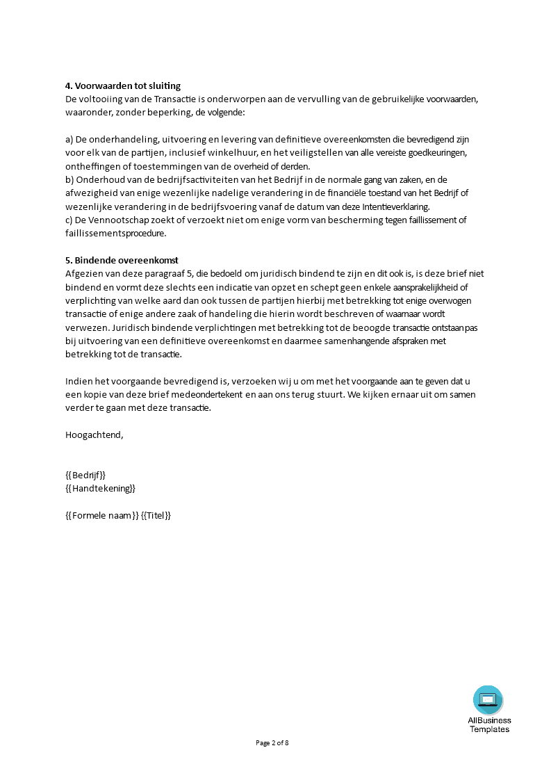 Zakelijke Intentieverklaring | Templates at allbusinesstemplates.com