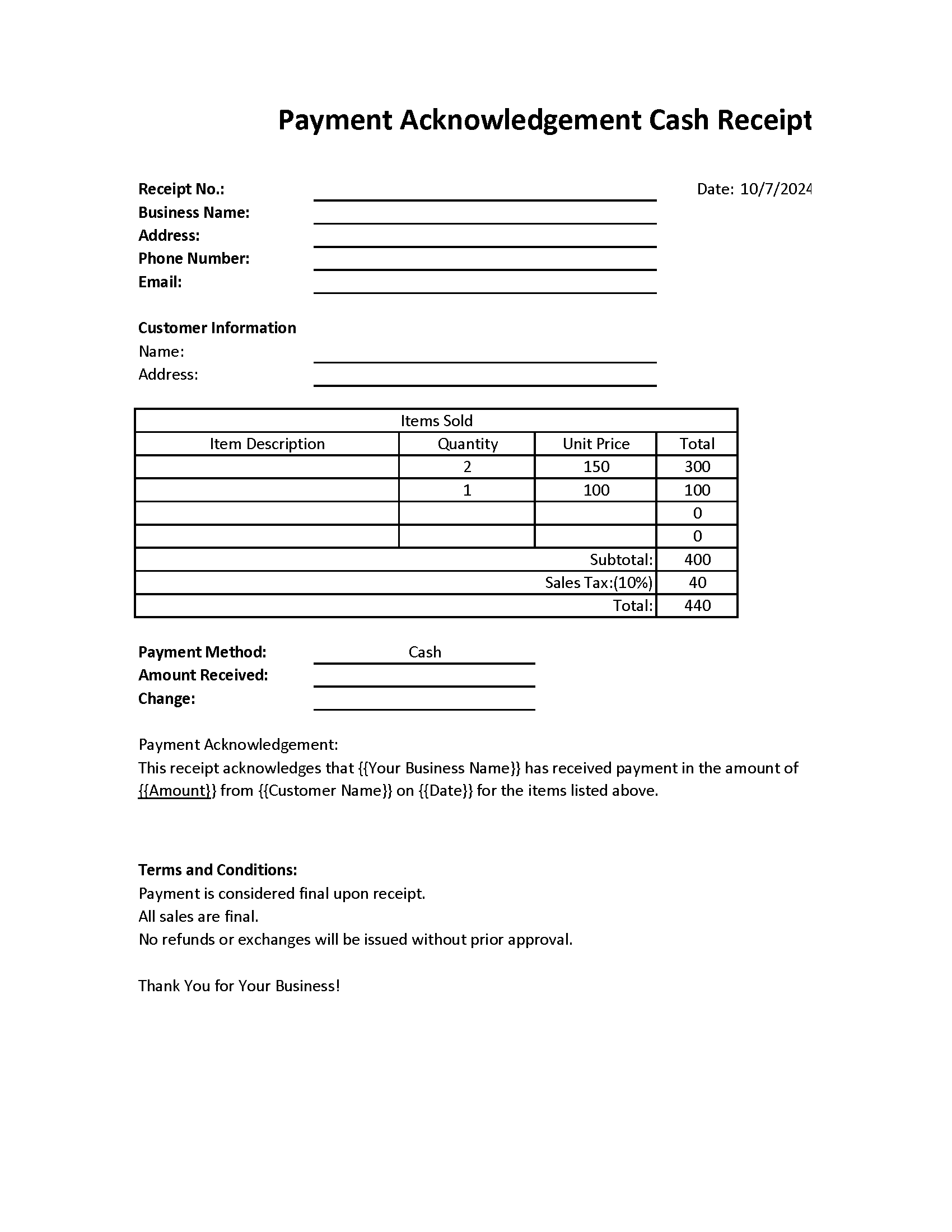 Payment Acknowledgement Cash Receipt | Templates at ...