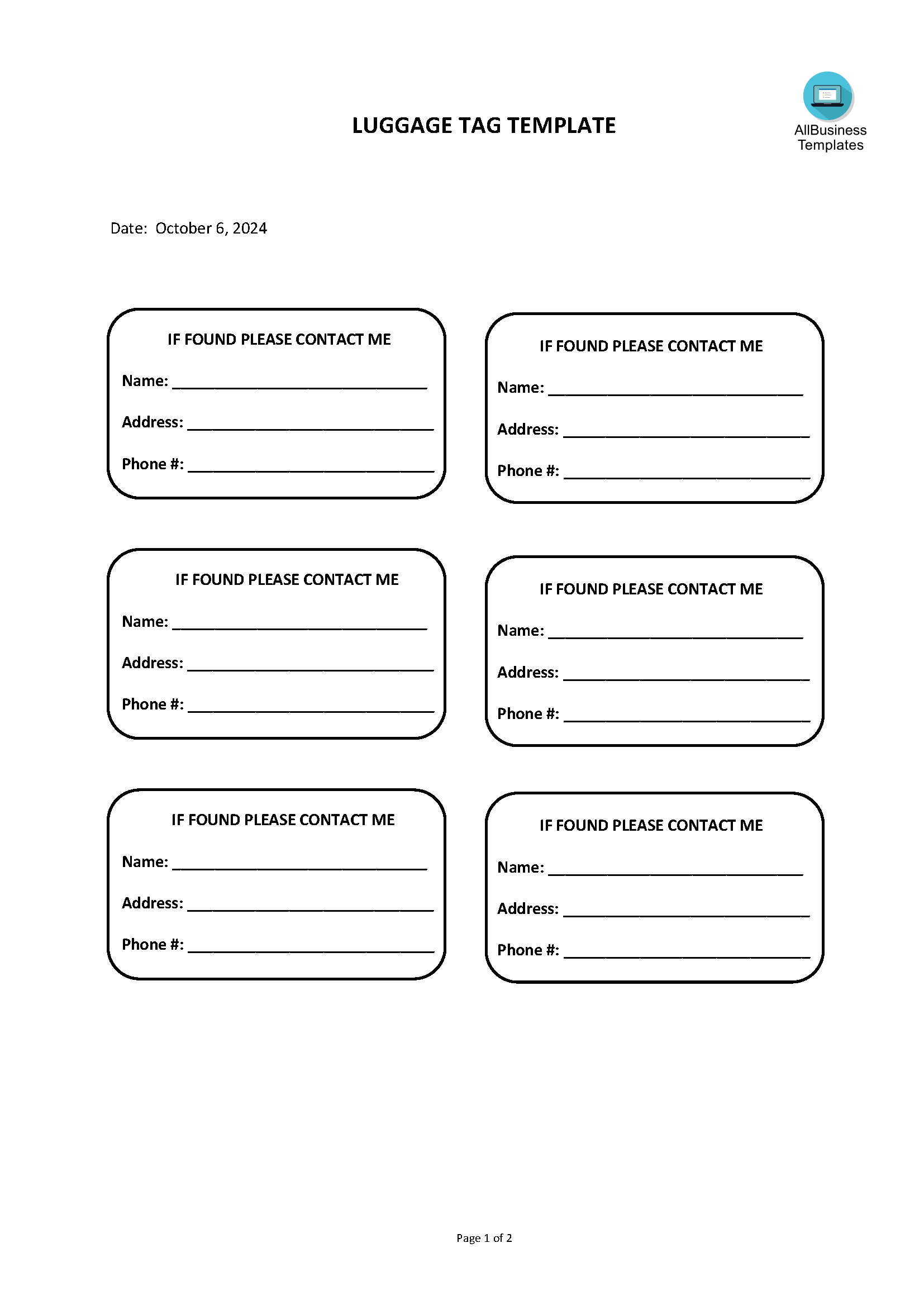 Free Printable Luggage Tags | Templates at allbusinesstemplates.com