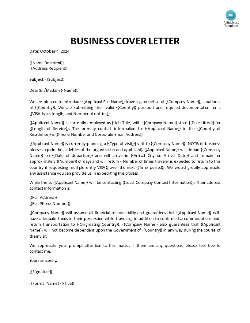 Sample Business Cover Letter | Templates at allbusinesstemplates.com