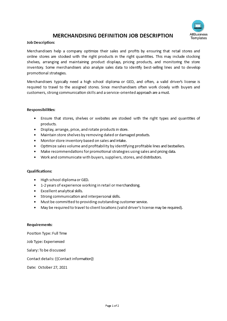 Gratis Merchandising Definition Job Description