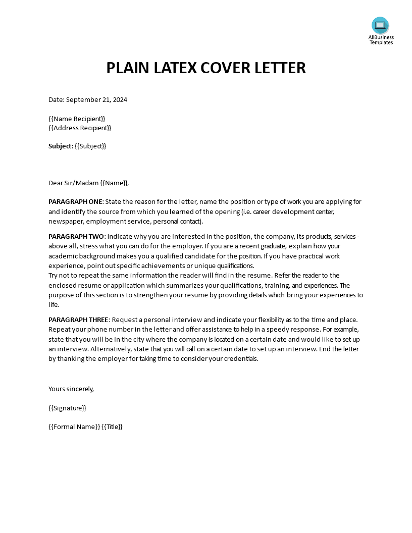 Plain Latex Cover Letter | Templates at allbusinesstemplates.com