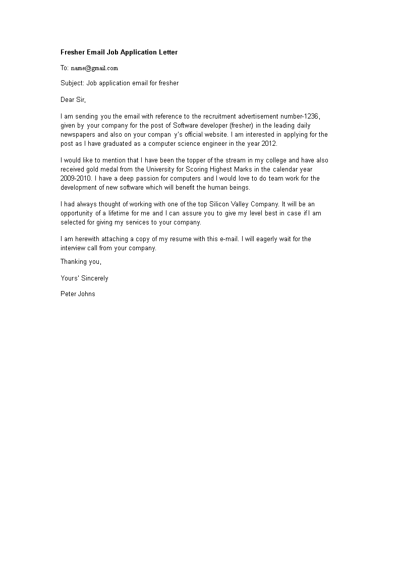 Simple Job Application Email Sample For Freshers Freshers Cover Letter