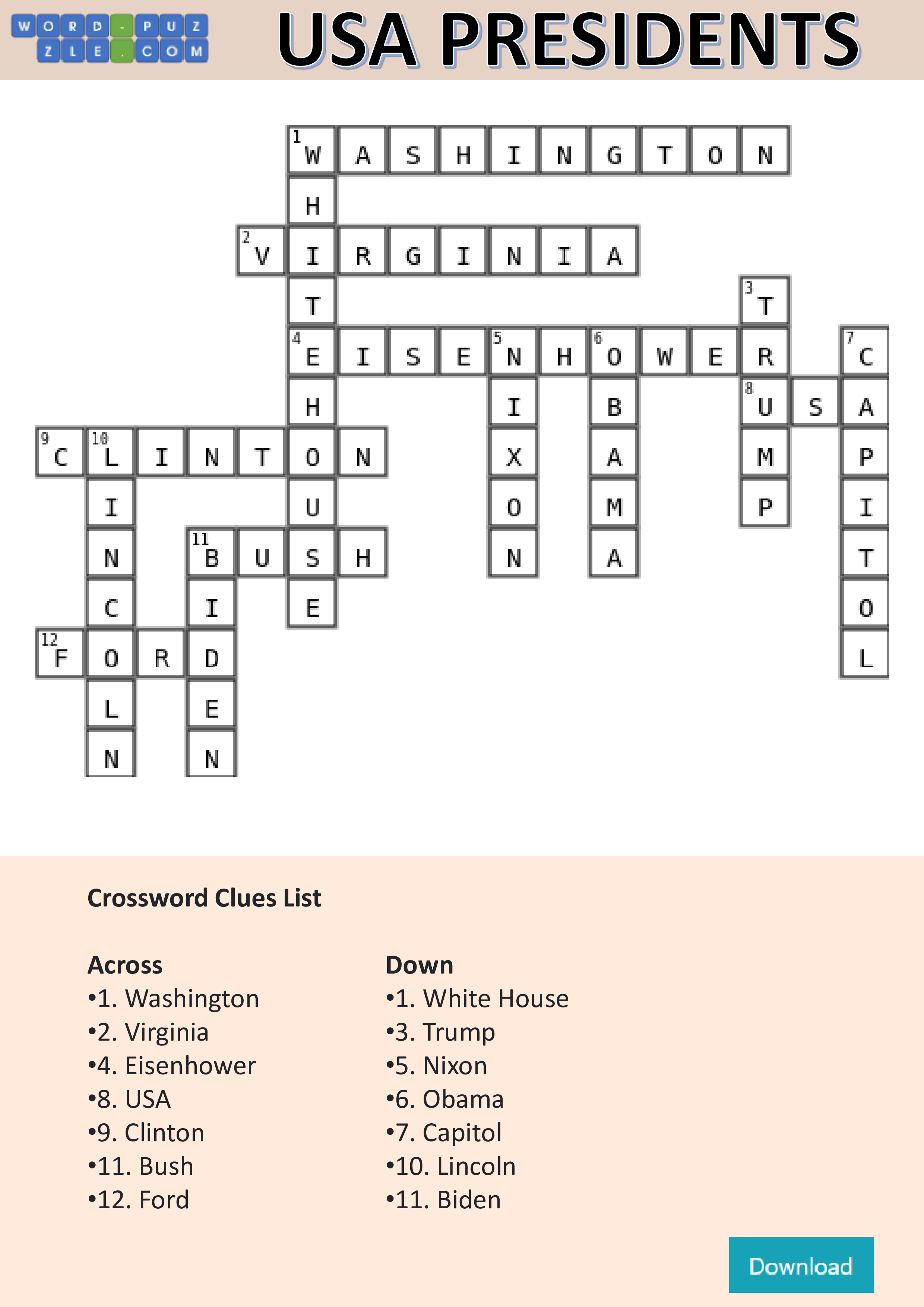 US Presidents Day Crossword Puzzle | Templates at allbusinesstemplates.com