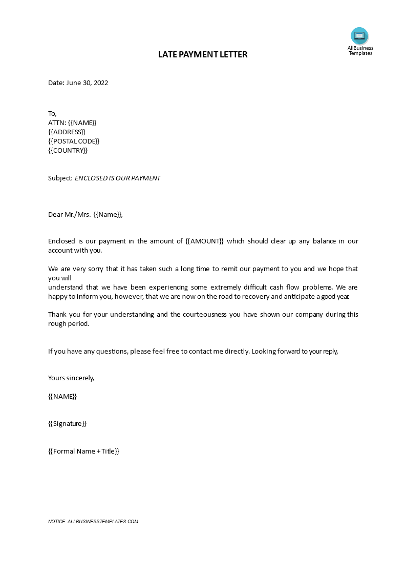 Notification Letter Late Payment Transferred | Templates at ...
