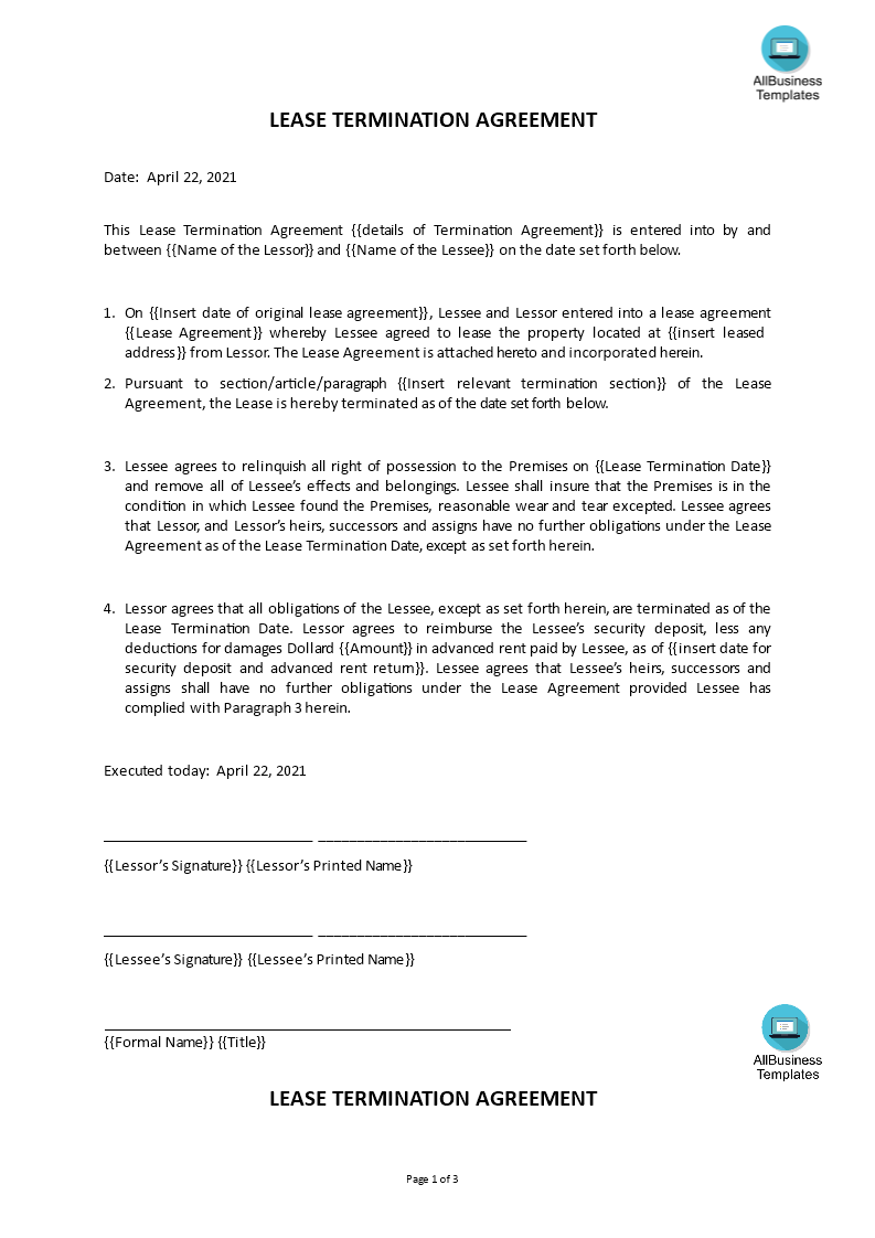 Lease Termination Agreement Templates At Allbusinesstemplates