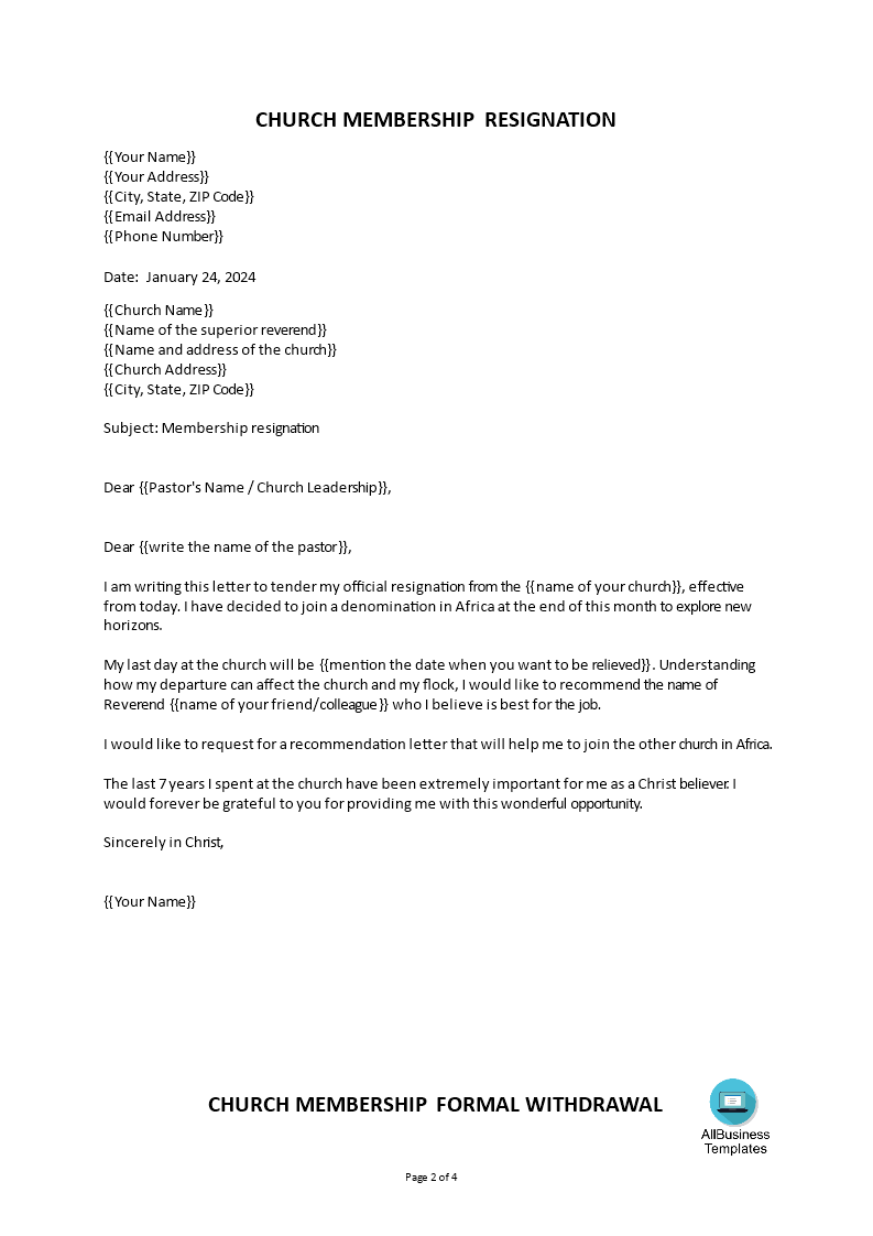 Church Resignation Letter for member | Templates at ...