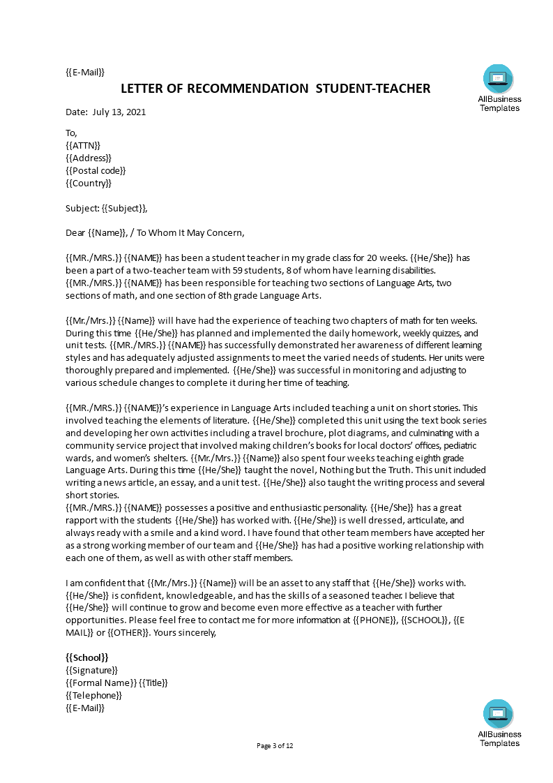 Professional Letter of Recommendation for a Teacher | Templates at ...