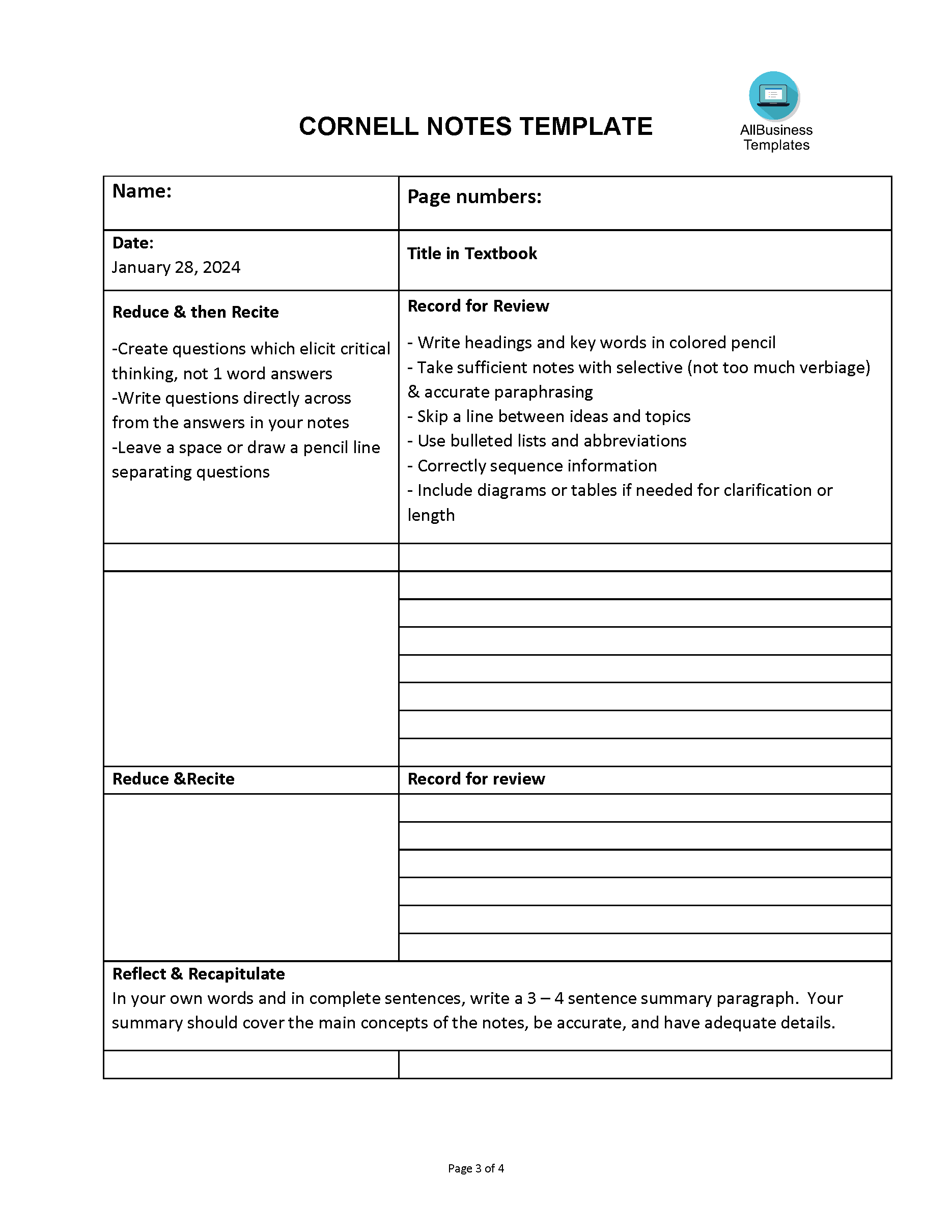 Cornell Style Notes | Templates at allbusinesstemplates.com