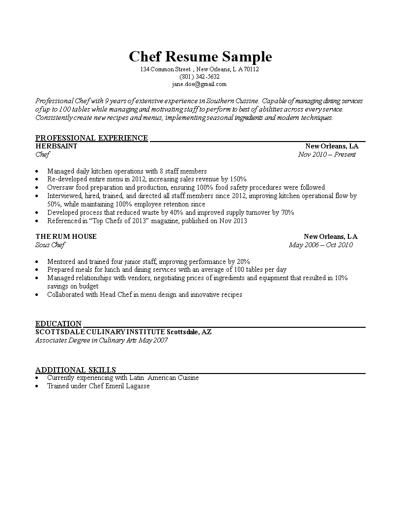 Chef Resume Sample Templates At Allbusinesstemplates