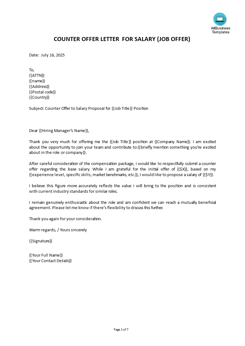 Counter Offer Settlement Letter Gratis