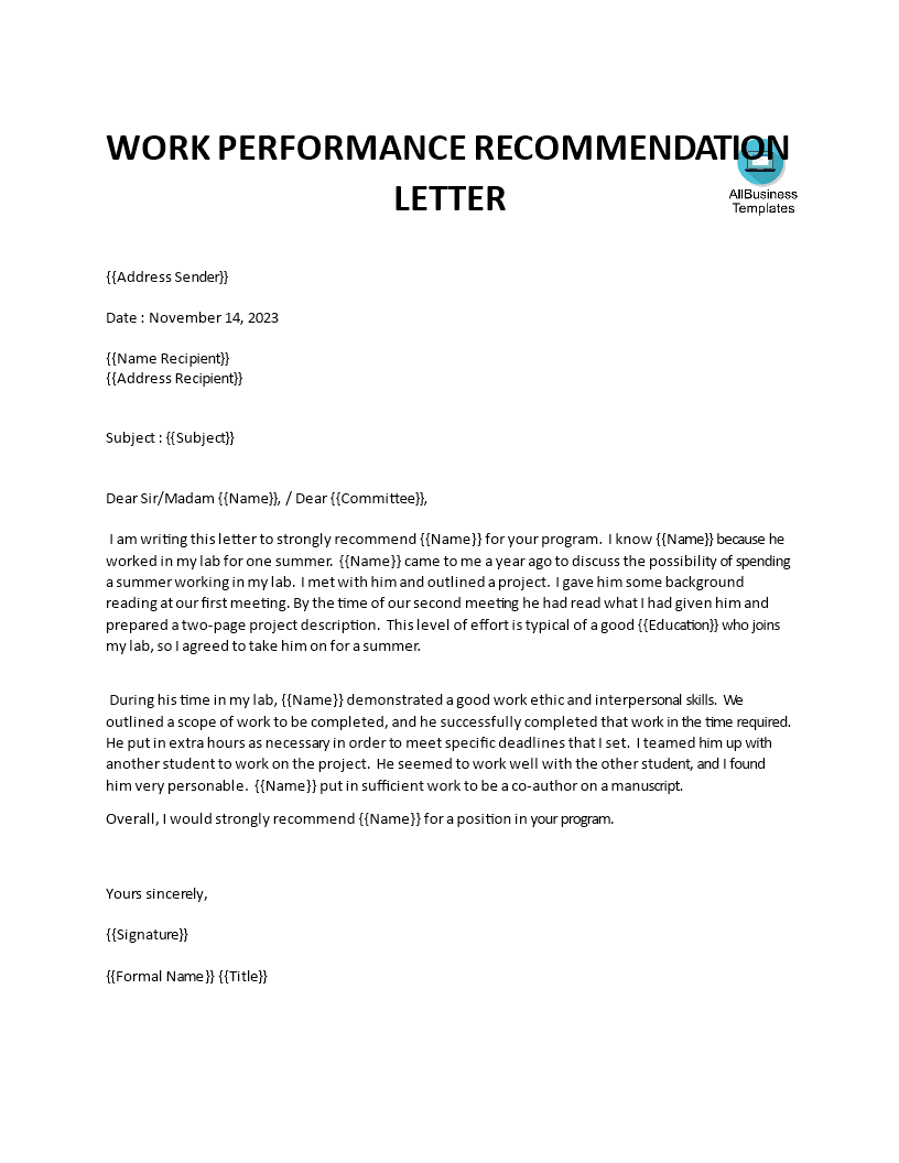 High Performer Recommendation Letter Gratis