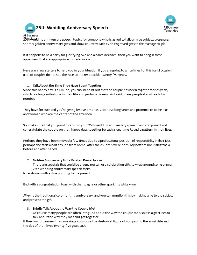 25th Wedding Anniversary Speech Templates At Allbusinesstemplates