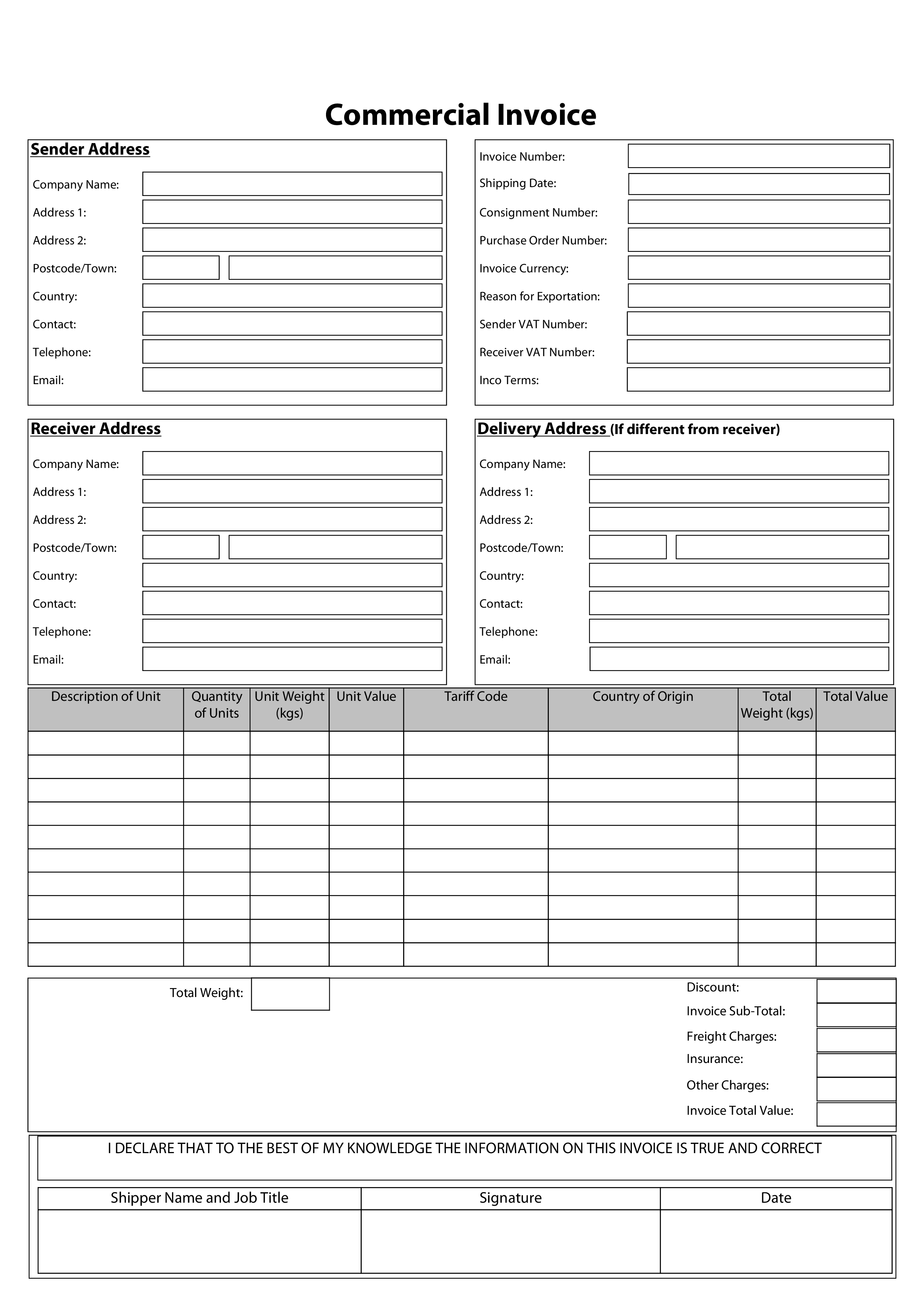 Free Fillable Commercial Invoice Template Printable Templates