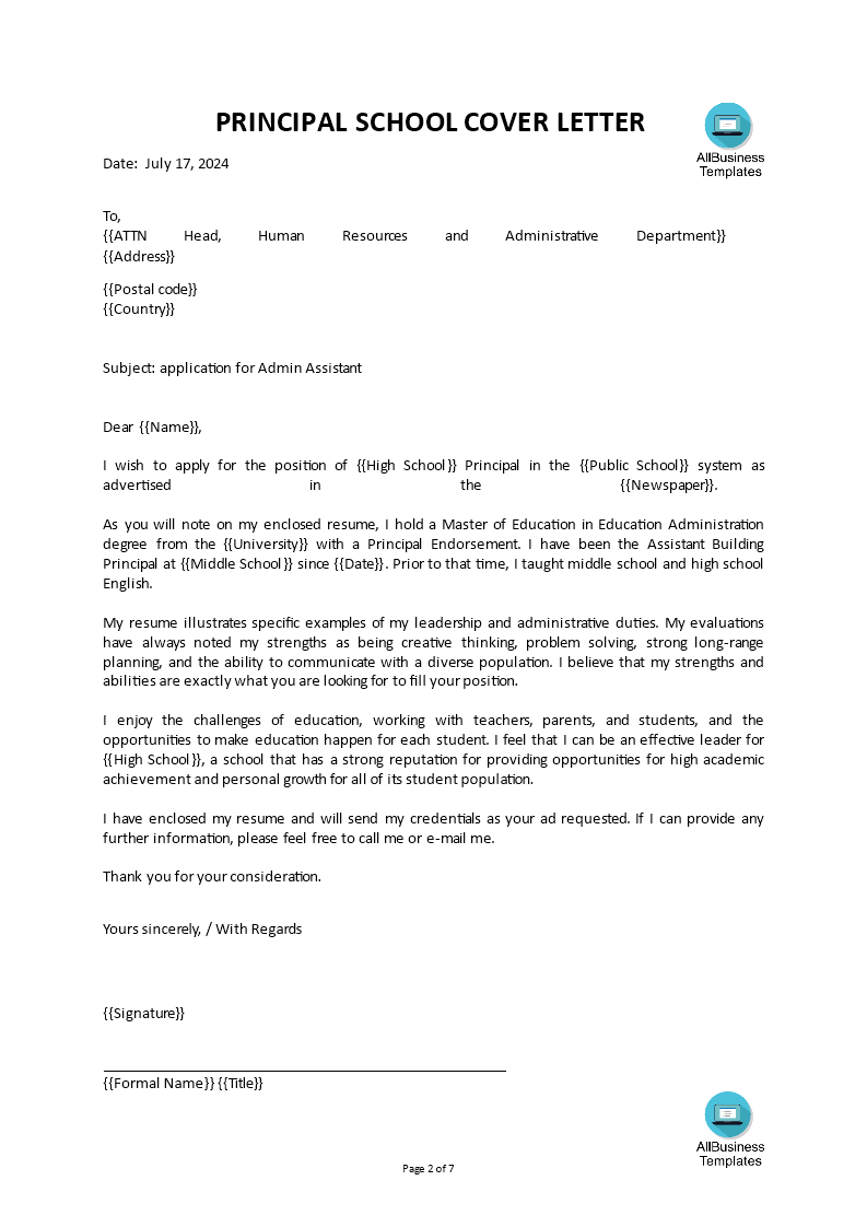 Middle School Assistant Principal Cover Letter | Templates at ...