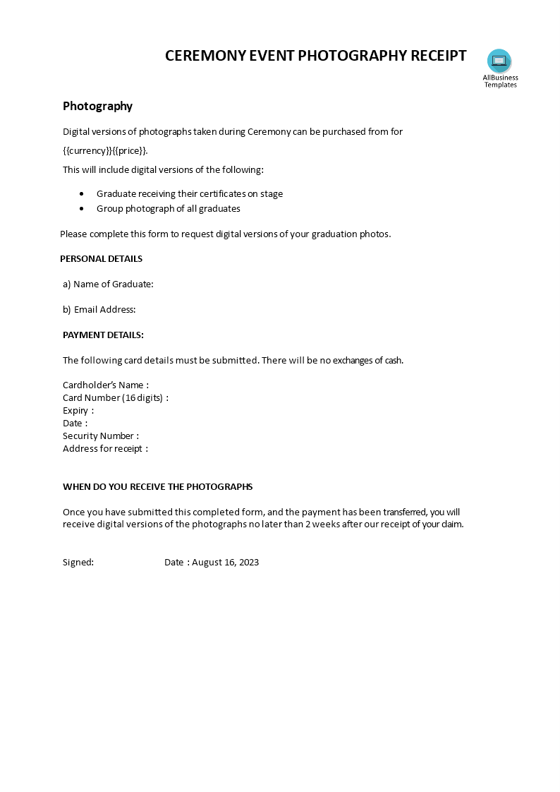 Event Photography Receipt | Templates at allbusinesstemplates.com