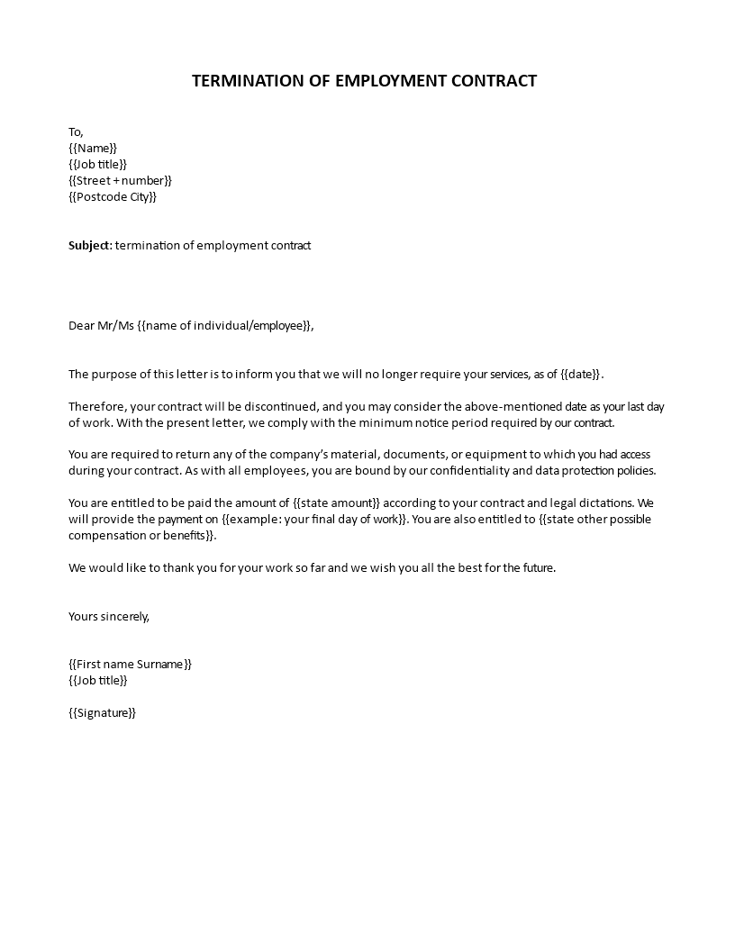 Employee Contract Termination Letter | Templates at ...
