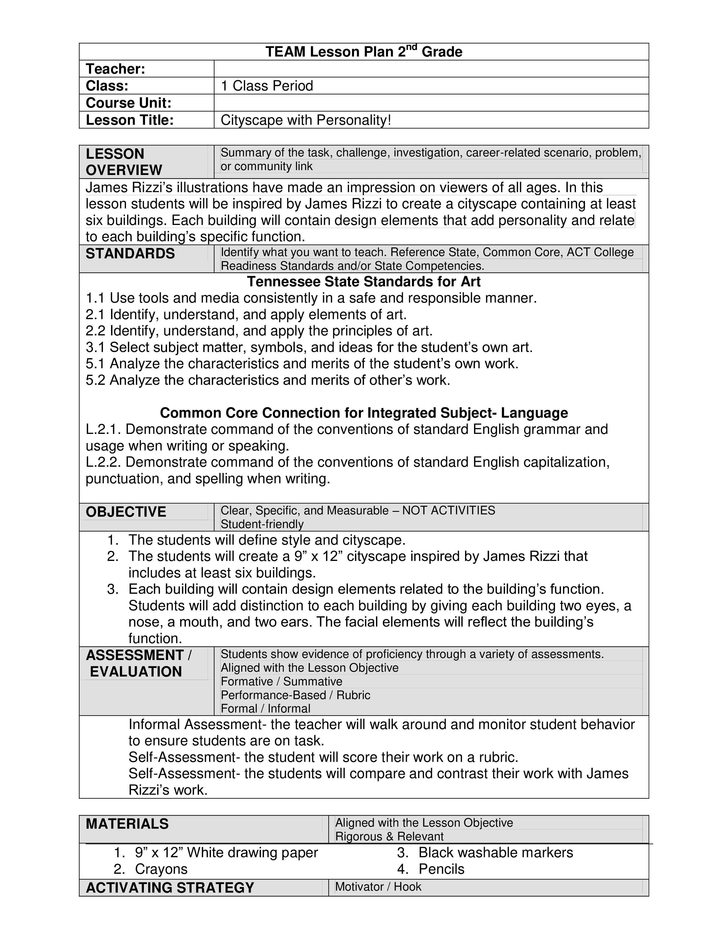 Visual Arts Lesson Plan Templates At Allbusinesstemplates