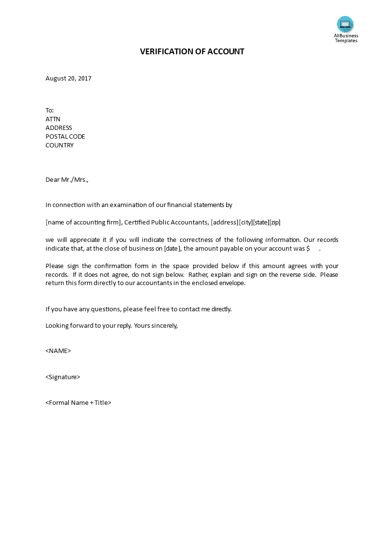 Bank Account Verification Letter
