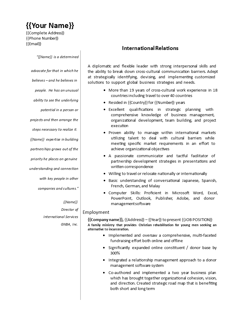 International Relations Resume Sample | Templates at ...
