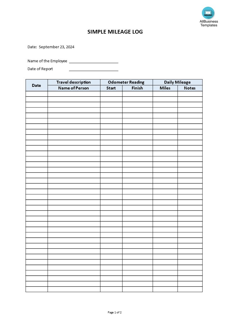 Simple Mileage Log | Templates at allbusinesstemplates.com